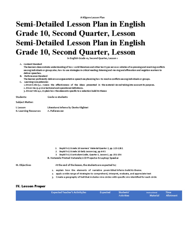 Inferno Dante Alghieri Kilgore Lesson Plan | PDF | Language Arts ...