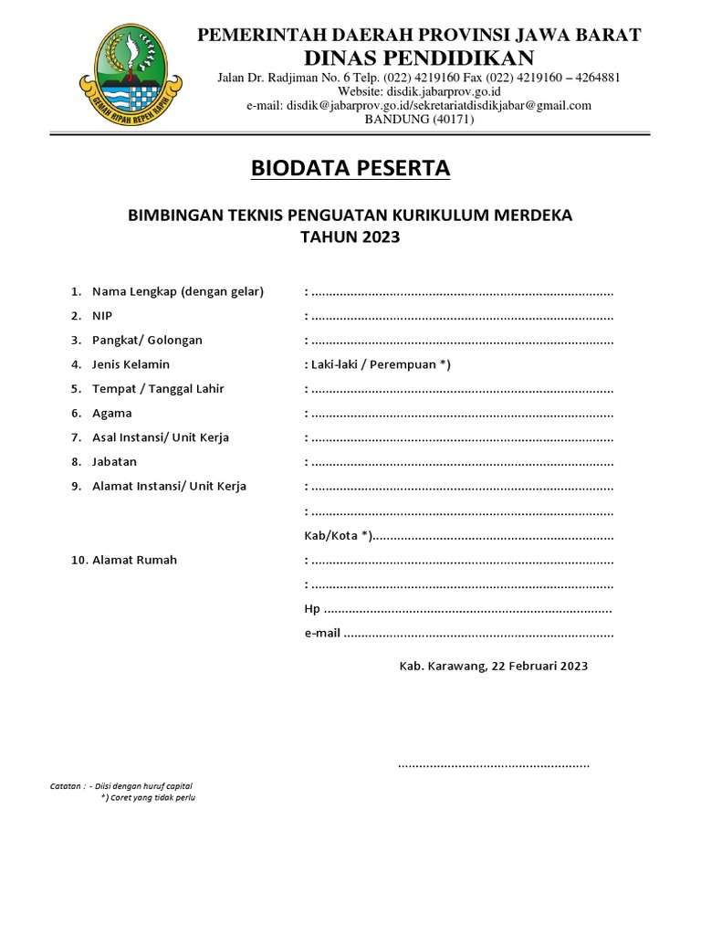 Biodata Bimtek Penguatan Kurikulum Merdeka | PDF