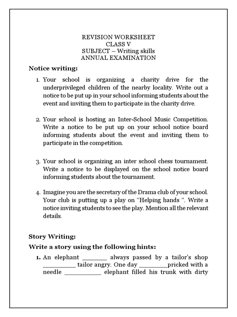 'English class 5 (WRITING SKILLS)' yearly exam | PDF