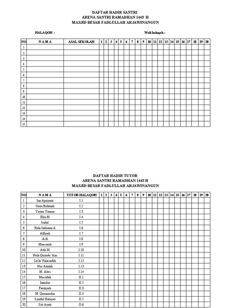 Daftar Hadir Santri Ramadhan 1443 H | PDF