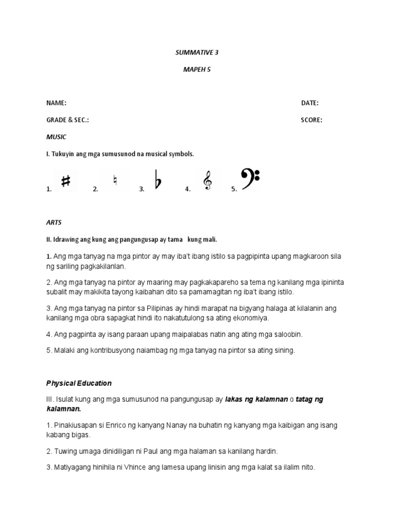 ST - Mapeh 5 - Q2 - 3 | PDF