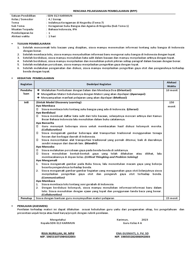 RPP 1 Lembar Kelas 4 Tema 7 OKE | PDF | Karier & Perkembangan | Kajian Bahasa Asing