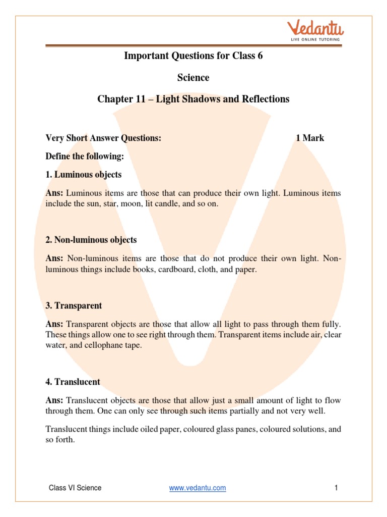 CBSE Class 6 Science Chapter 11 - Light, Shadows and Reflections Important Questions 2022-23 ...