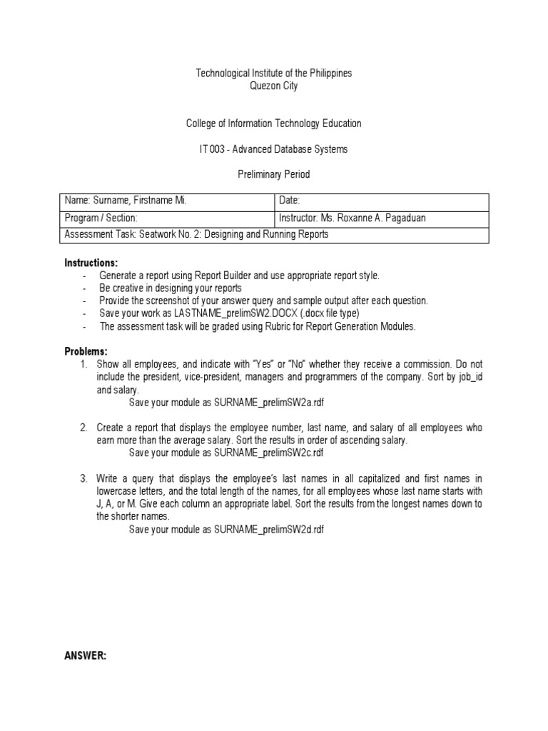 Seatwork No 2 - Designing and Running Reports | PDF Seatwork No 2 - Designing and Running Reports | PDF