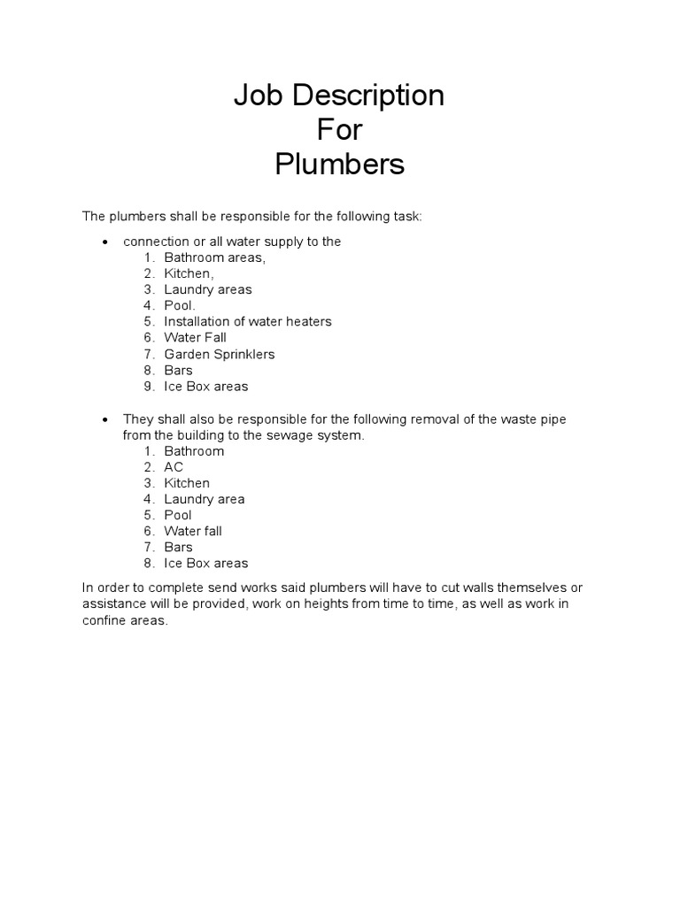 Plumber Job Responsibilities and Tasks | PDF