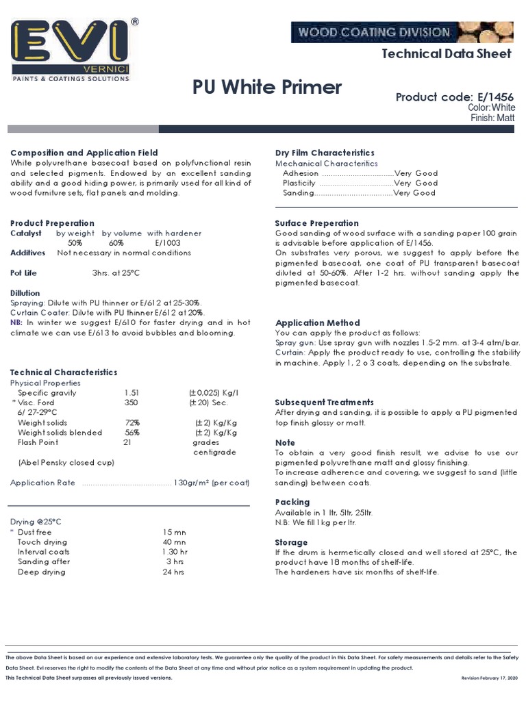 Technical Data Sheet for PU White Primer Product Code: E/1456 | PDF ...