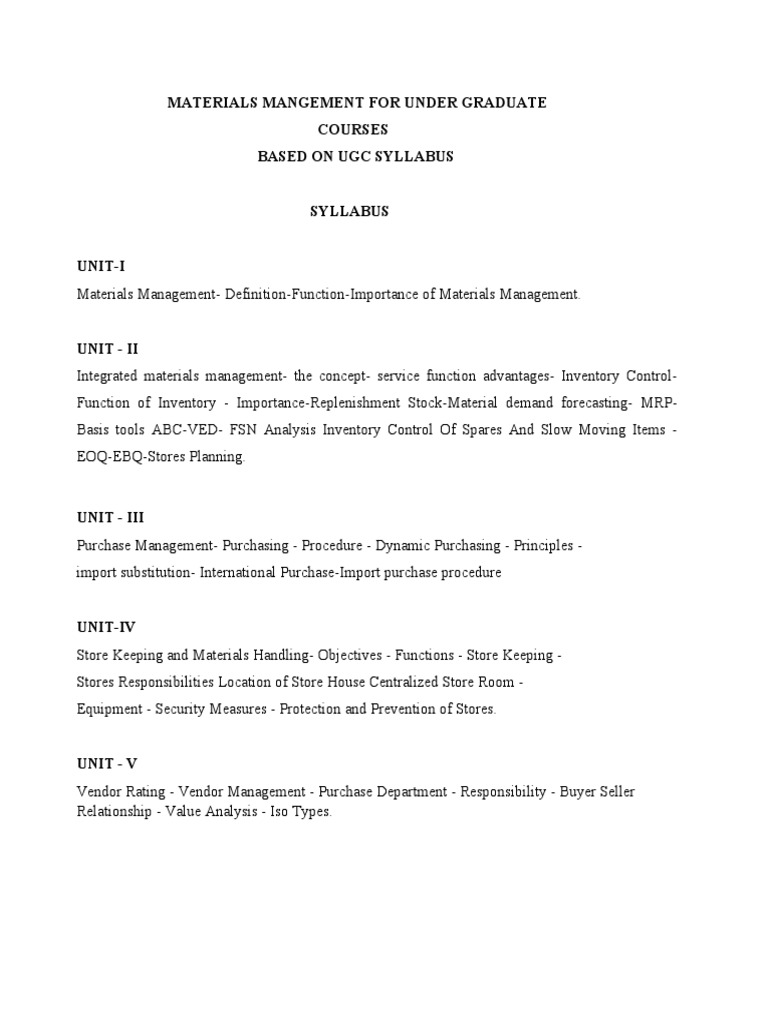 Integrated Materials Management Syllabus | PDF | Inventory | Forecasting