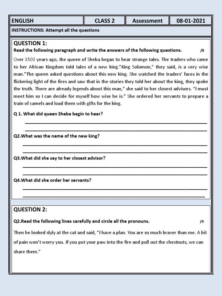 Grade 2 English Assessment | PDF | Linguistics