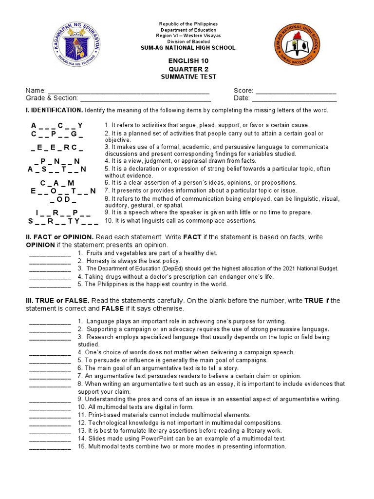 Quarter 2 Summative Test Edited | PDF | Communication | Linguistics
