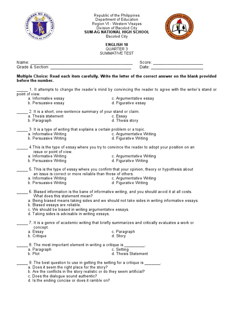 Quarter 3 Summative Test Edited | PDF | Essays | Persuasion