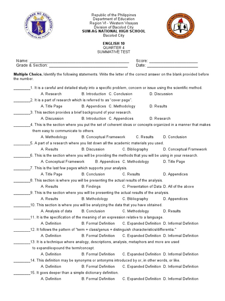 Grade 4 English Quarter 4 Summative Test
