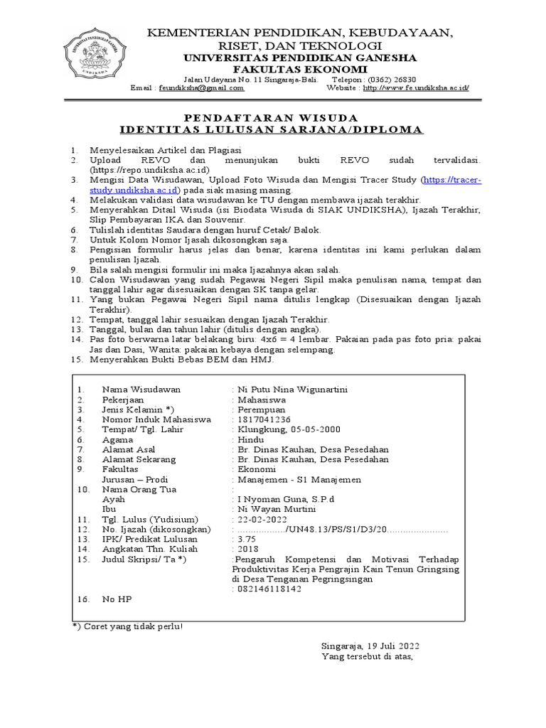 Biodata Wisudawan Nin | PDF