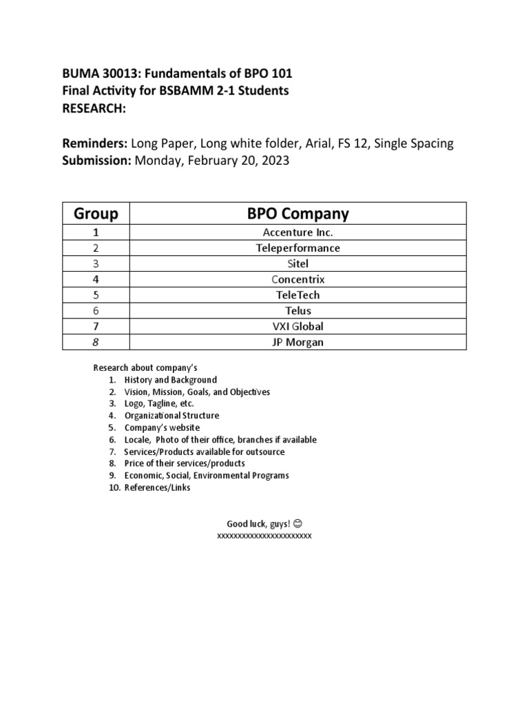 BPO Fundamentals 101: Final Activity for BSBAMM 2-1 Students | PDF