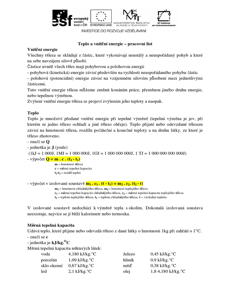 F-9 Teplo A Vnitřní Energie PRACOVNÍ LIST S Výsledky | PDF