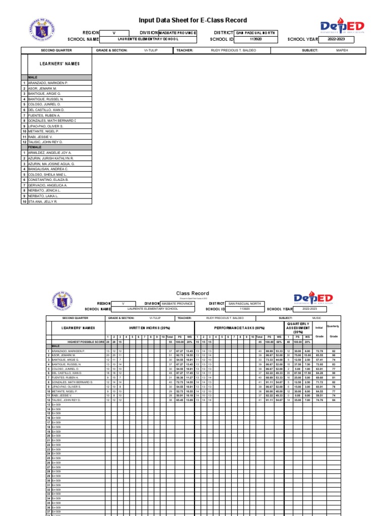 Grade 6 MAPEH Class Record | PDF