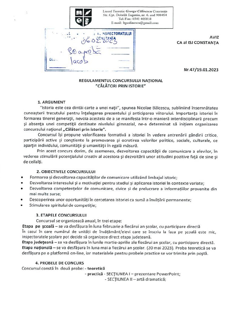 Document - Regulament Concurs Calatori in Istorie 2023 | PDF