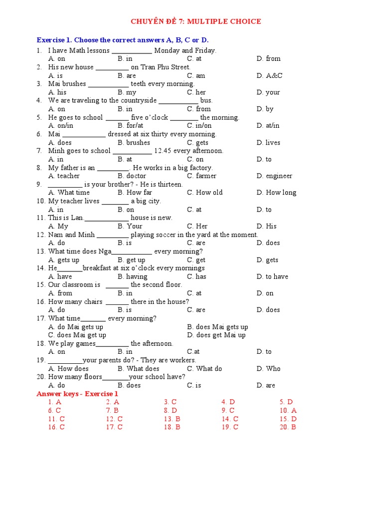 Multiple Choice English Exercises | PDF