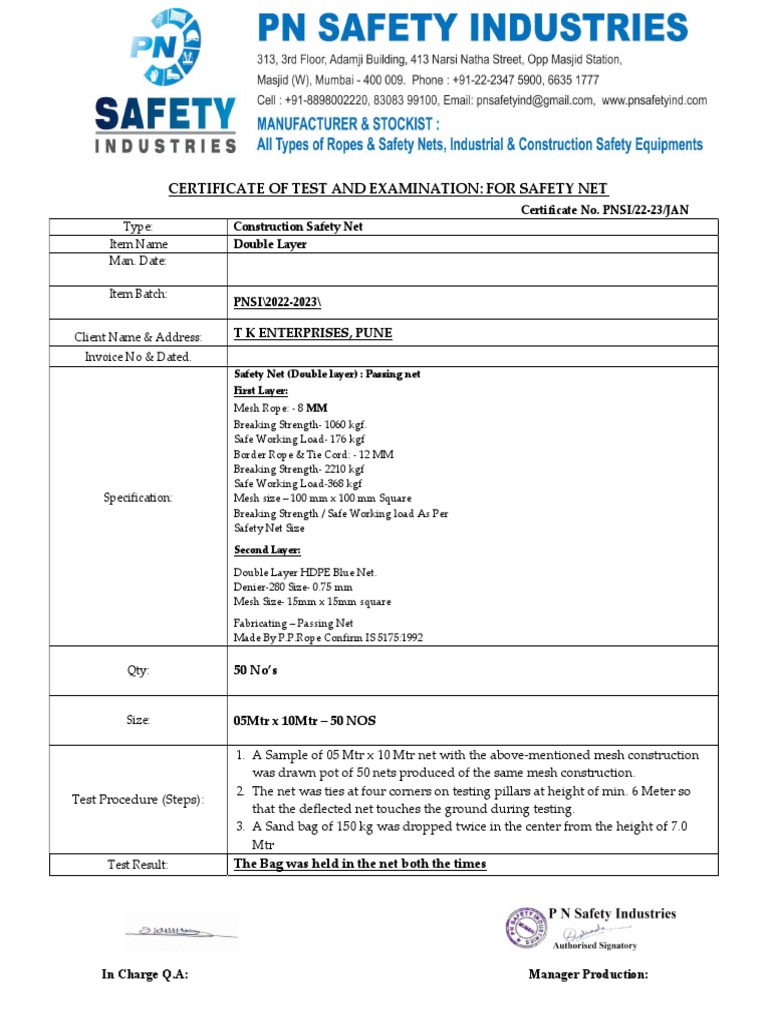 Safety Net Test Certificate for TK Enterprises | PDF | Computers