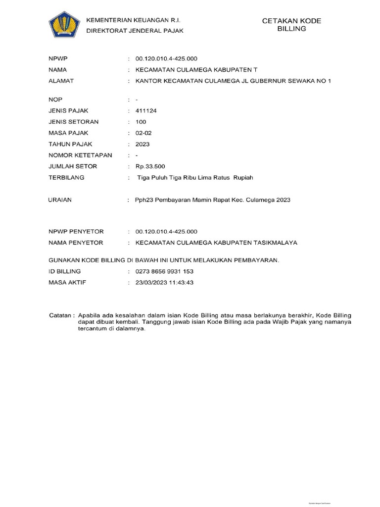 Contoh Kode Billing Pajak | PDF