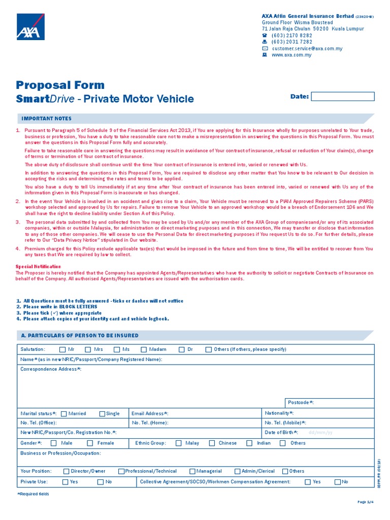 Proposal Form - Smartdrive Private Motor Vehicle v4 | PDF | Insurance ...