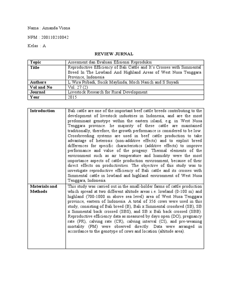 Bali Cattle Reproductive Efficiency Study | PDF | Cattle | Domestication