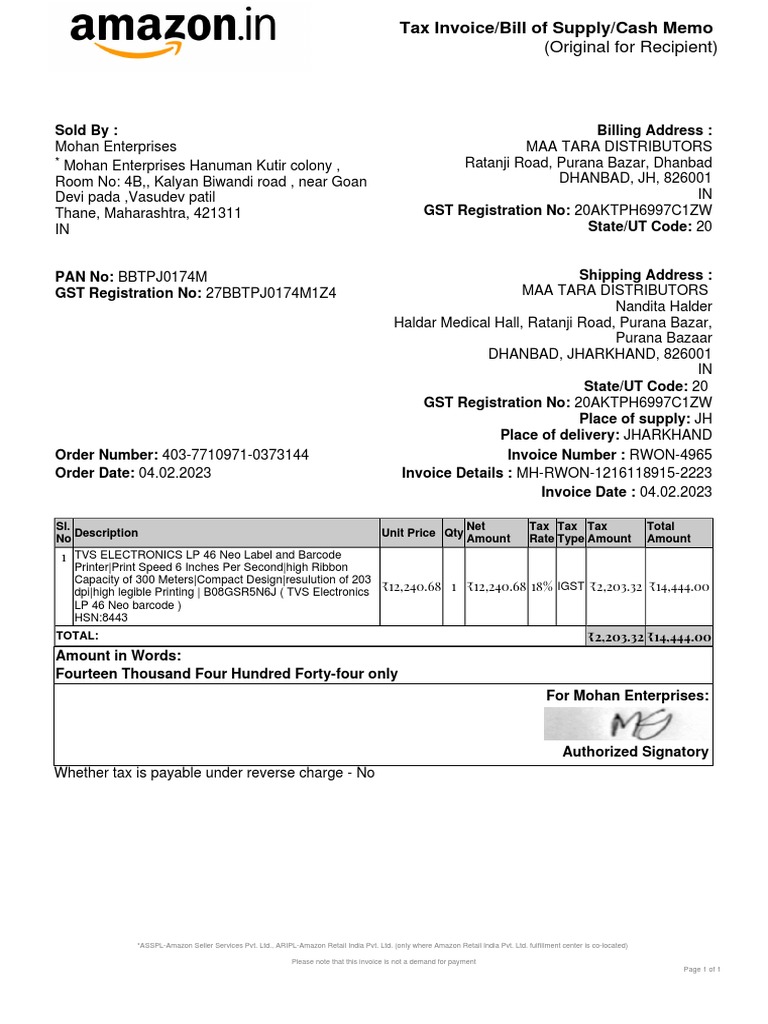 Bar Code Printer - Invoice | PDF | Invoice | Public Finance