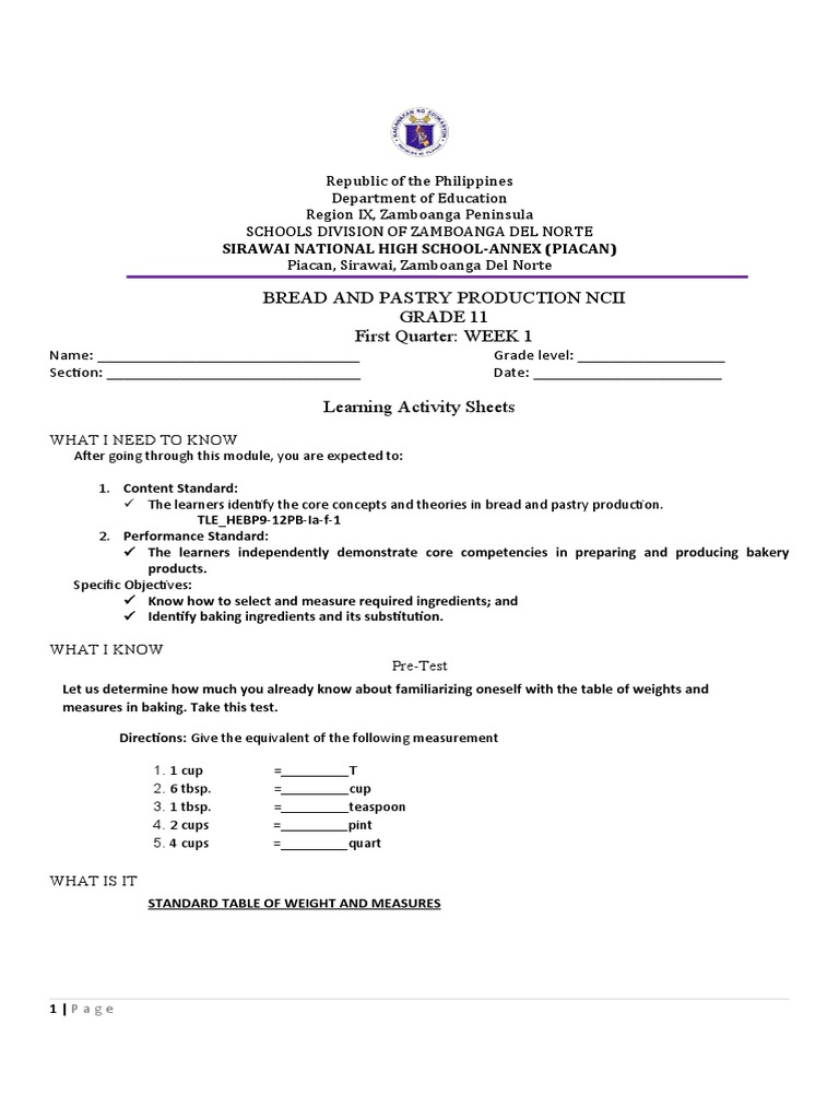 BPP G11 - Week 1 | PDF | Chocolate | Teaspoon