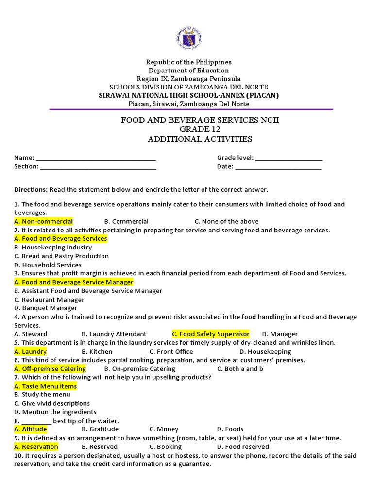 Food and Beverage Services NCII Additional Activities: A Comprehensive ...