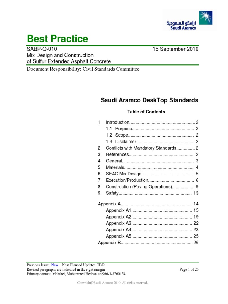 SABP-Q-010 Mix Design and Construction of Sulfur Extended Asphalt Concrete | PDF | Concrete | Cement