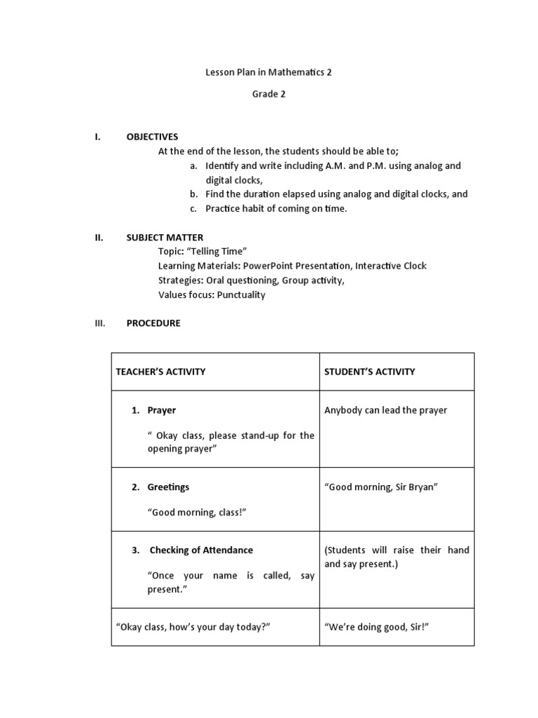 Lesson Plan in Mathematics II | PDF | Clock | Lesson Plan
