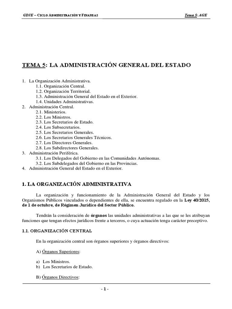 T.5 La Administración General Del Estado | PDF | Liderazgo | Gobierno