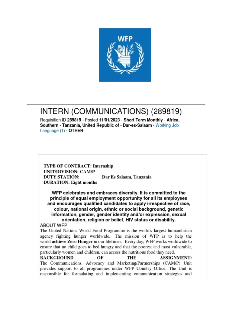 WFP Internships | PDF | World Food Programme | Tanzania