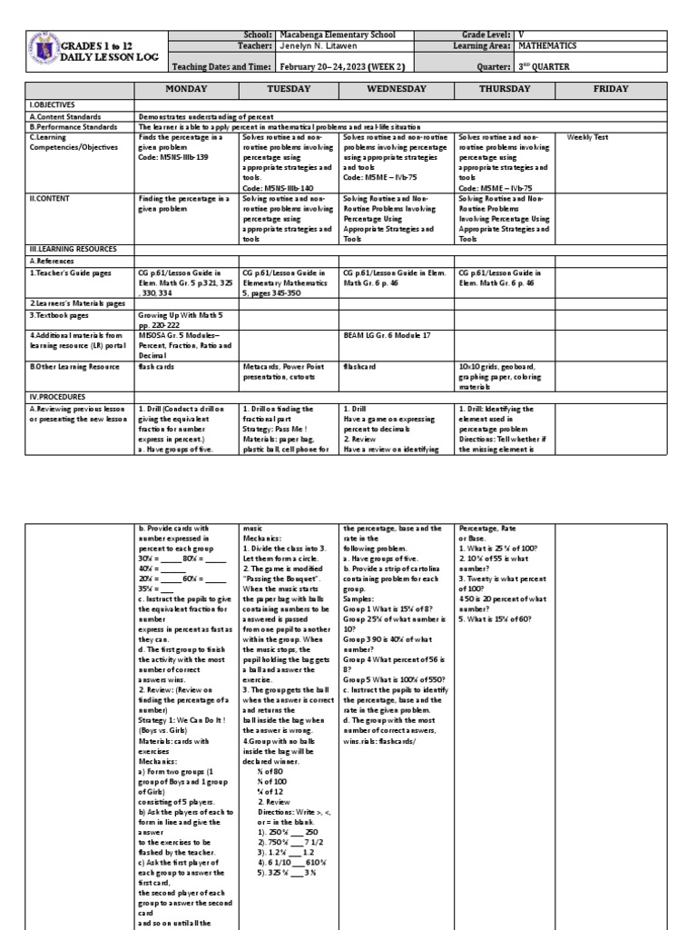 DLL - Mathematics 5 - Q3 - W2 | PDF | Percentage | Teachers