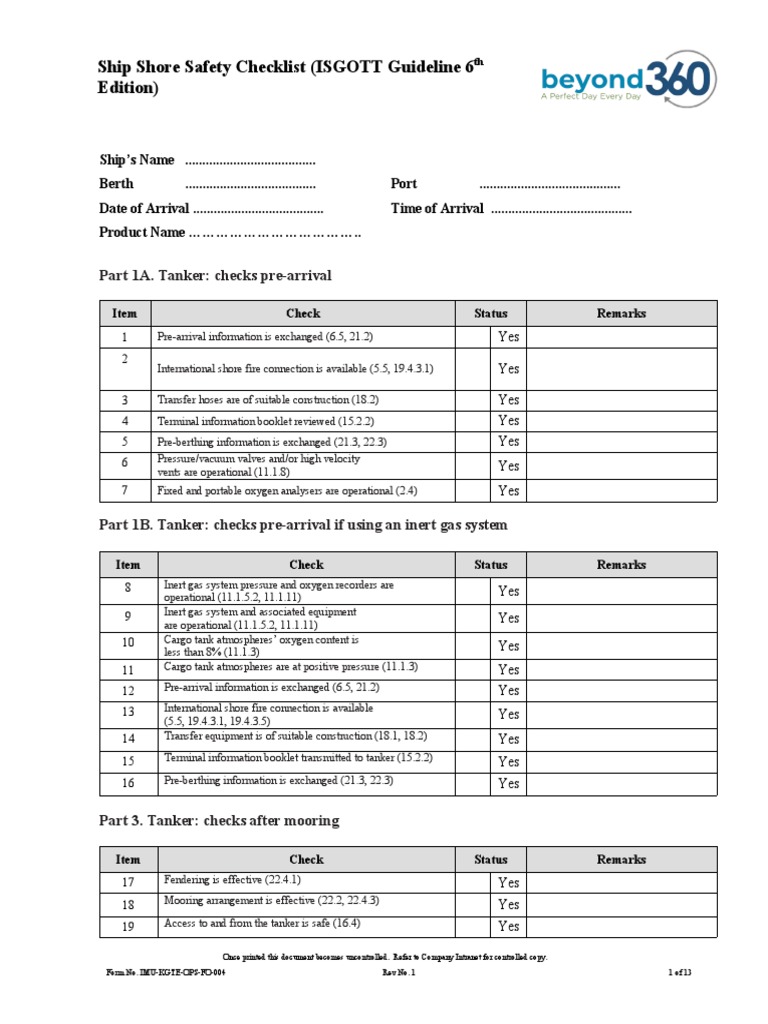 Ship Shore Safety Checklist - Eng ISGOTT 6TH EDITION | PDF | Oil Tanker