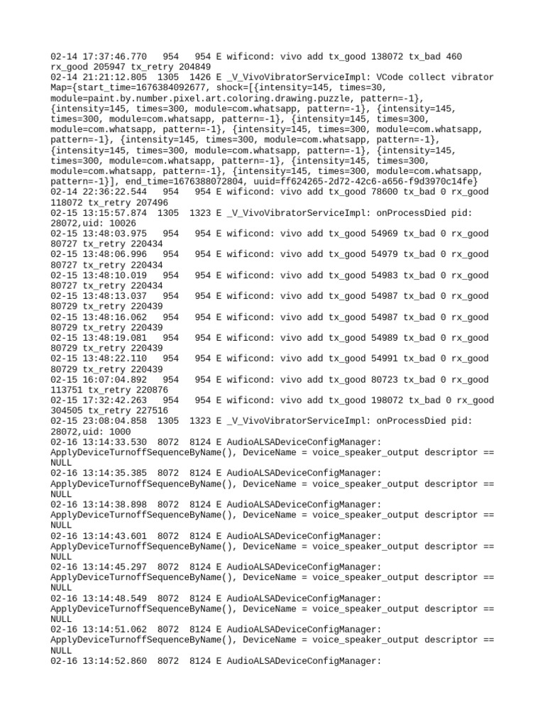 Log Entries Detailing Wifi Performance Metrics And Audio Device Issues