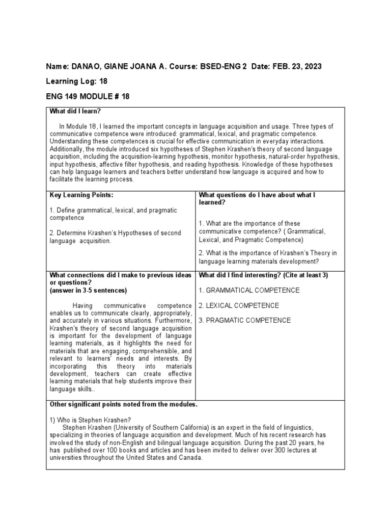 Learning Log Module 18 | PDF | Language Acquisition | Second Language ...