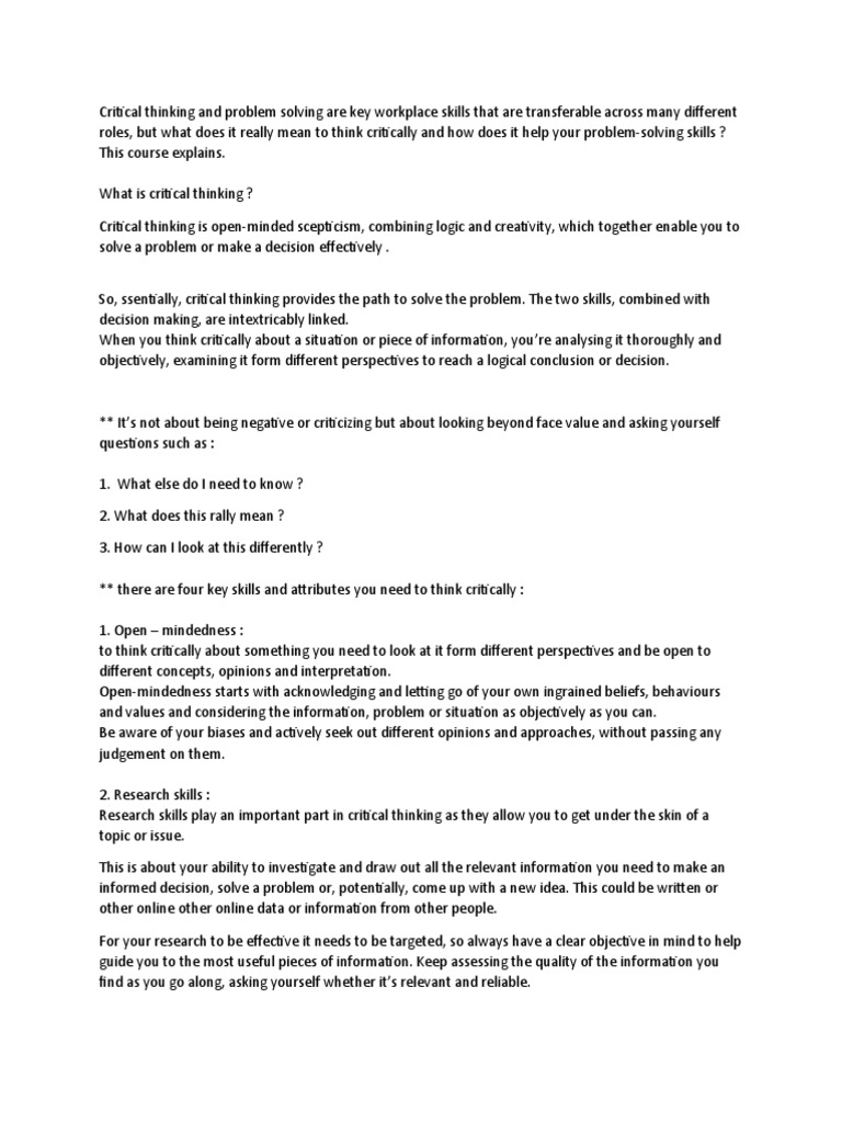Critical Thinking Problem Solving Pdf Critical Thinking Thought