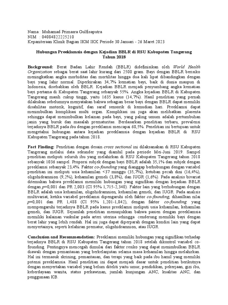 Hubungan Preeklamsia dan BBLR 2018 | PDF | Kesehatan Holistik | Sains & Matematika