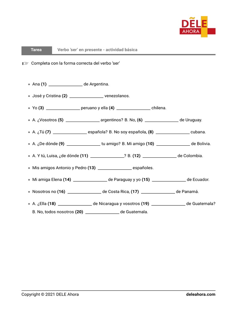 Verbo Ser en Presente Actividad Basica | PDF
