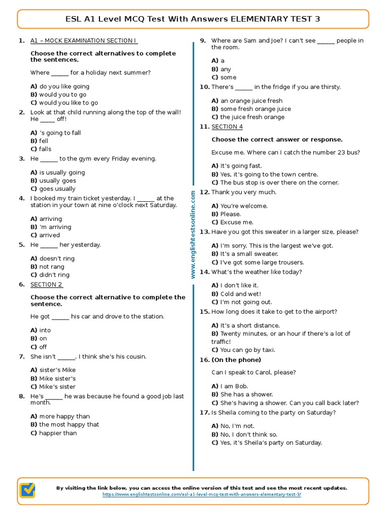676 Esl A1 Level MCQ Test With Answers Elementary Test 3 | PDF | Folk ...