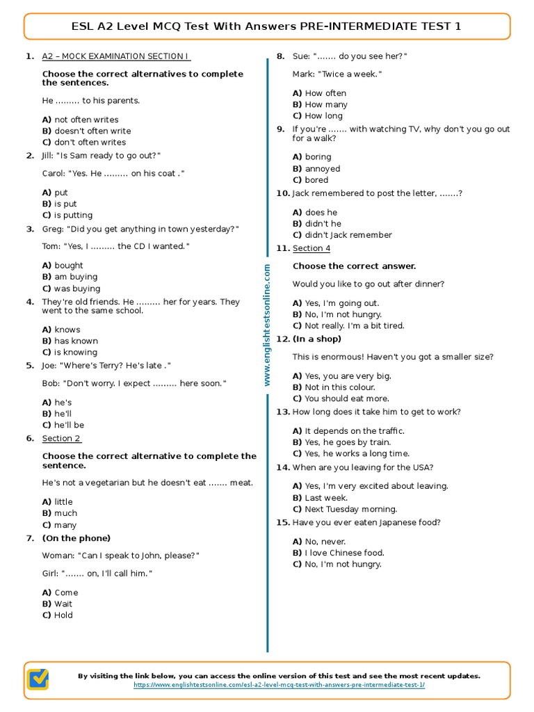 A2 ESL MCQ Test with Answers | PDF | Multiple Choice | Sailor
