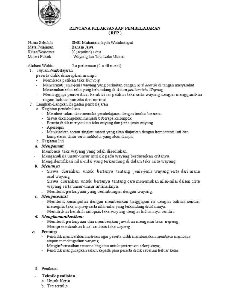 RPP BAHASA Jawa 2 Wayang | PDF