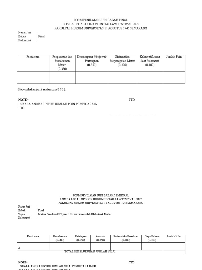 Form Penilaian Juri Lomba Hukum 2022 | PDF