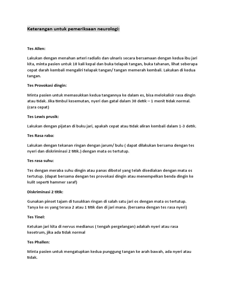 Keterangan Untuk Pemeriksaan Neurologi | PDF