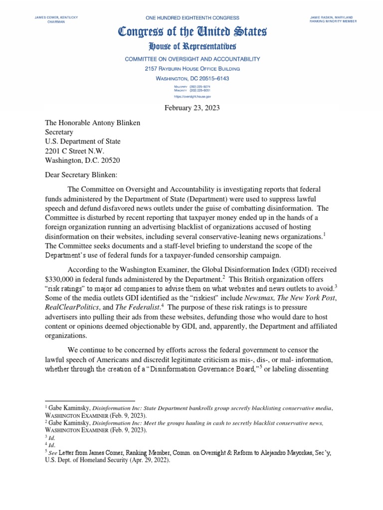 James Comer Letter To State Department On GDI Funding | PDF ...