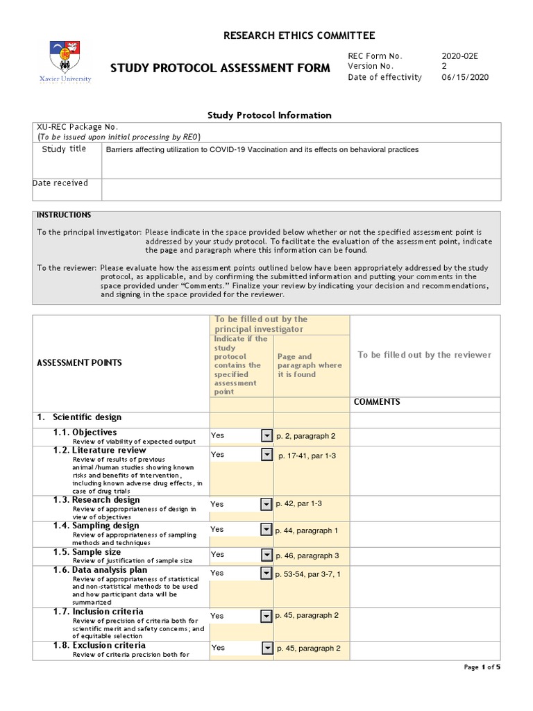 1st Page REC Form 02E Study Protocol Assessment Form | PDF | Clinical ...