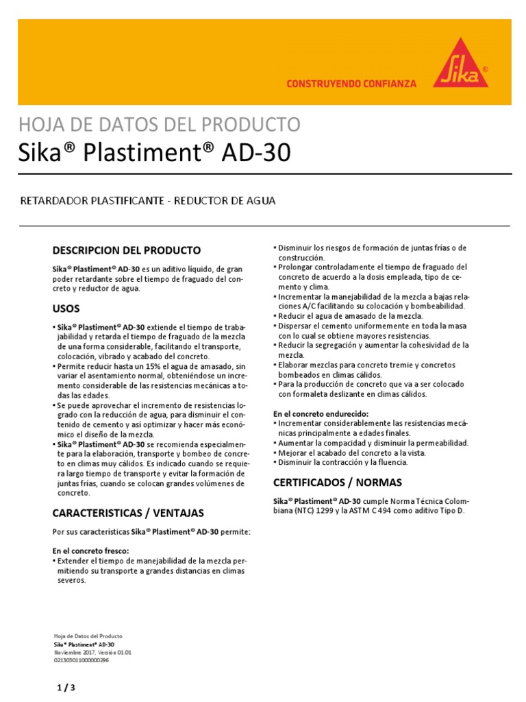 Sika Plastiment Ad-30 | PDF | Hormigón | Materiales