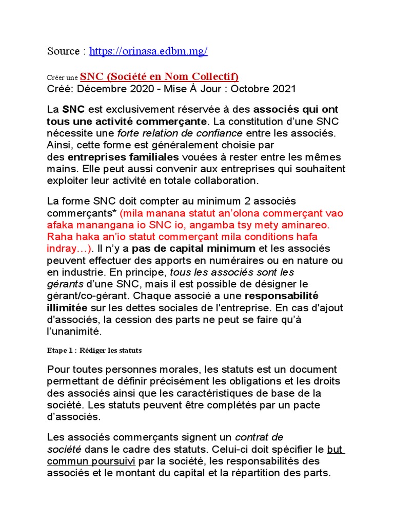 Créer une SNC : Guide pratique | PDF | Business | Économie