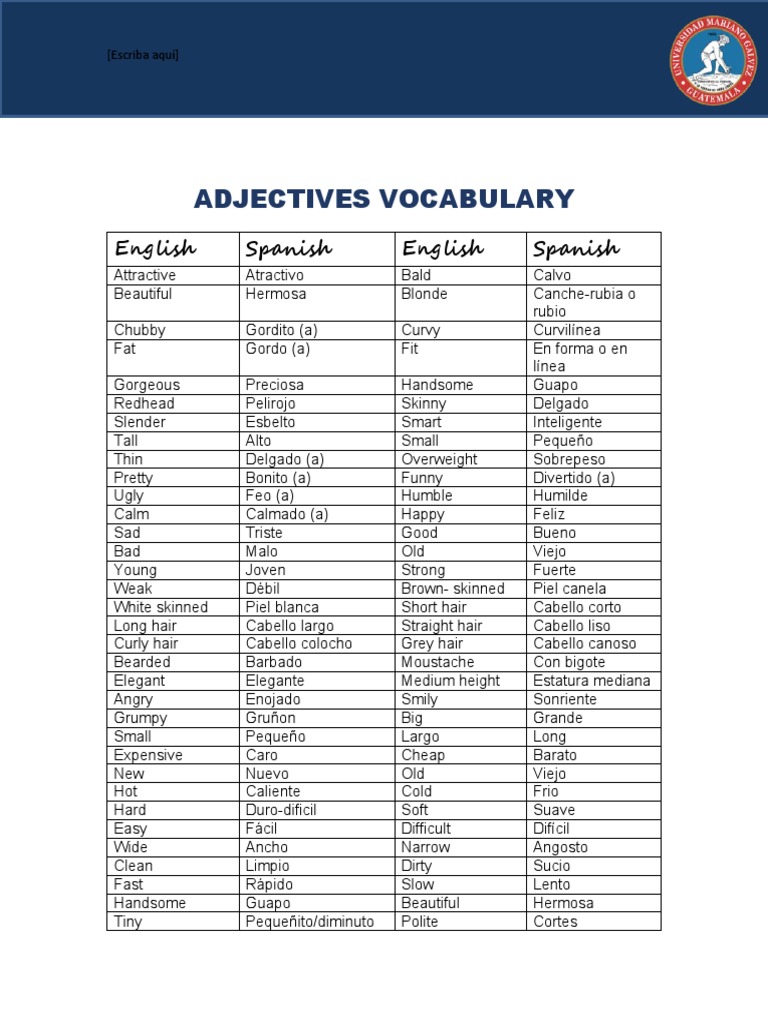 Adjectives Vocabulary | PDF