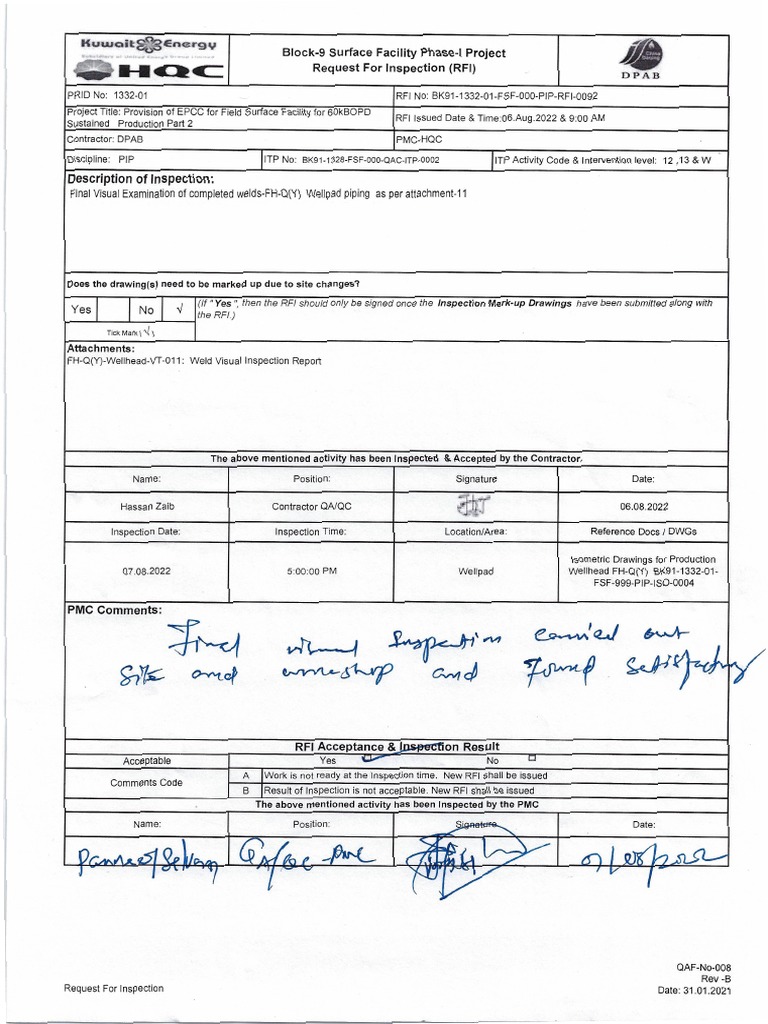 BK91 1332 01 FSF 000 PIP RFI 0092 - Final Visual Examination of ...
